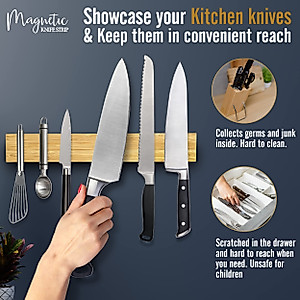 B-Line shop Magnetic Knife Holder for Wall- Strong Magnet for Knives- 16 Inch Wooden Knife Strip- Elegant Bamboo Wood Kitchen Knife Magnetic Holder- Easy to Install, Heavy Duty Magnet for 6 Knives