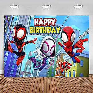 Spidey and His Amazing Friends Backdrop, Cartoon Spider Themed Photography Backdrops for Girl Kids Happy Birthday Party Photo Background (7x5FT)