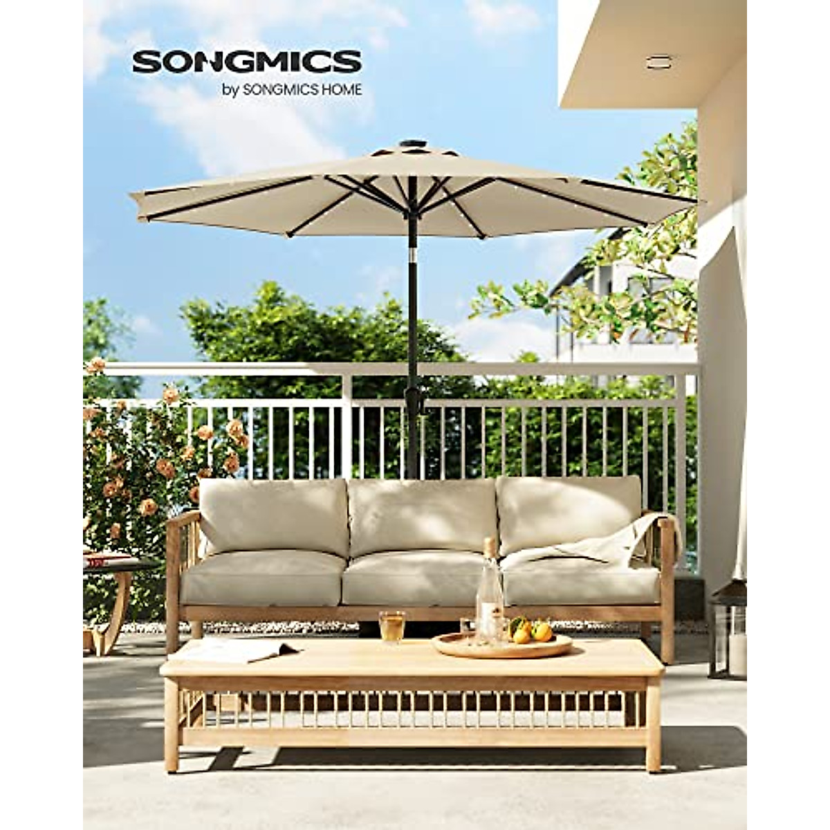 SONGMICS 9 ft Solar Patio Umbrella, 32 LED Lights, Lighted Table Outdoor Umbrella, UPF 50+, 30° Dual-Tilt System, for Garden Balcony Patio Backyard Market, Without Base, Beige UGPU11BE