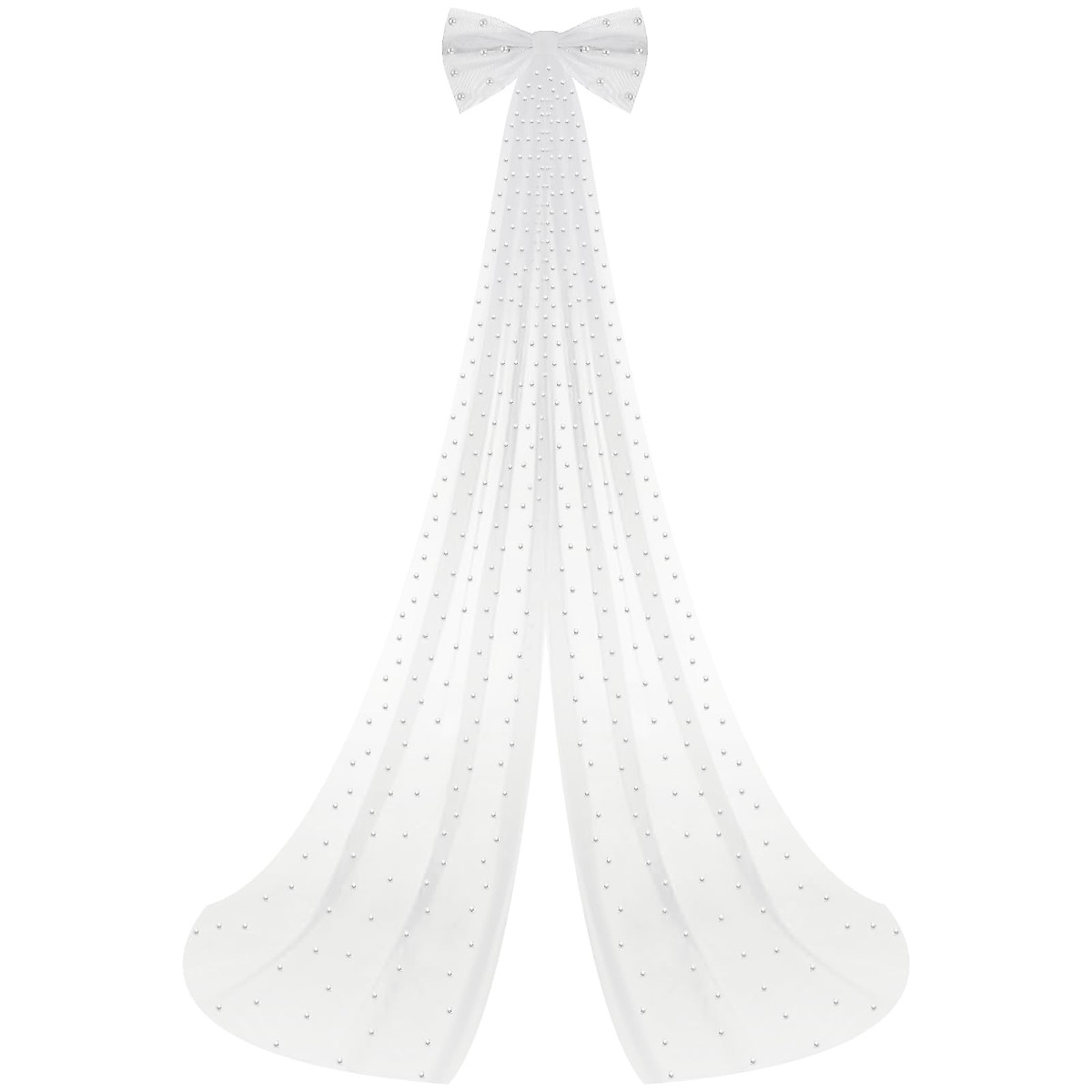 Dingion 9.84 ft 1 Tier Wedding Bow Knot Veil Long Pearl Veils White Tulle Hair Clip Bride Hair Accessories for Bridal Shower Bachelorette Party Decorations