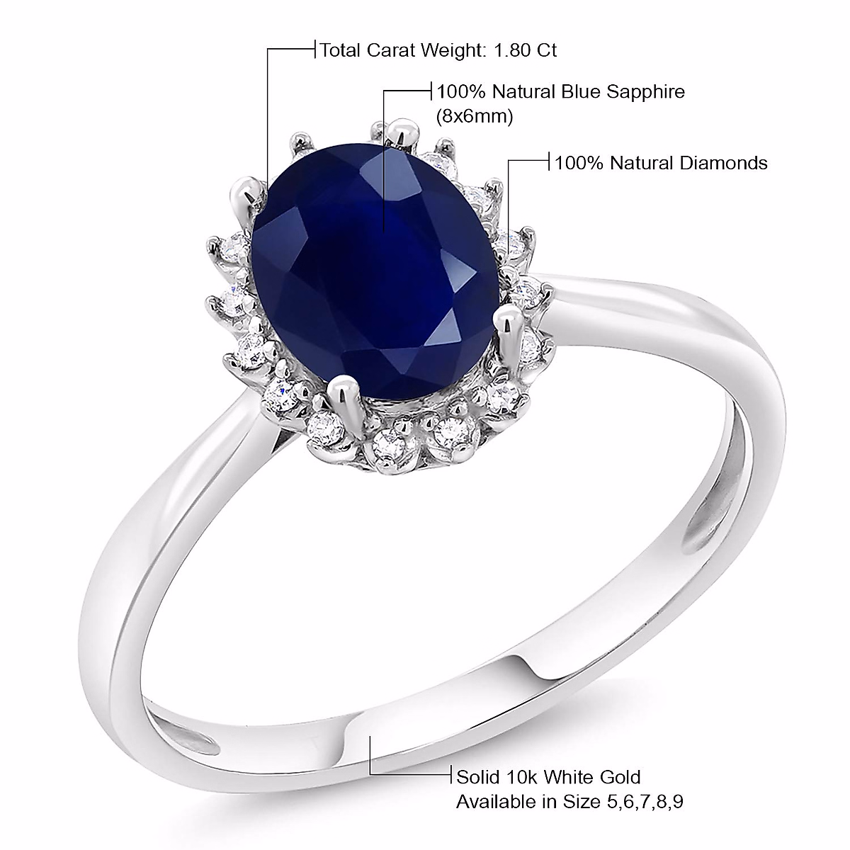 Gem Stone King 10K White Gold Blue Sapphire and Diamond Halo Engagement Ring For Women (1.85 Cttw, Oval 8X6MM, Size 7)