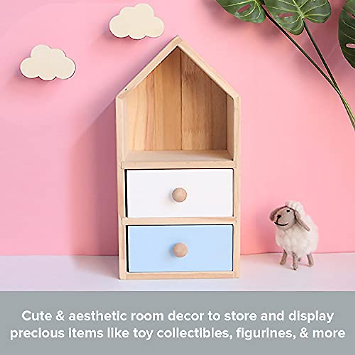 House Shaped Display Shelf with 2 Drawer - Wood Dresser Floating Shelf - Kids Bedroom Furniture - Desk Decor Book Shelf - Nursery Decor - Cute Storage Shelves for Bedroom - 1 Tier 7.9x1.8x11.4 in