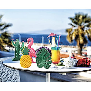 Summer Wooden Signs Hawaii Luau Party Wooden Blocks Summer Home Decorations Tropical Cactus Flamingo Pineapple Monstera Wood Table Centerpiece for Summer Home Table Luau Party, 4 PCS