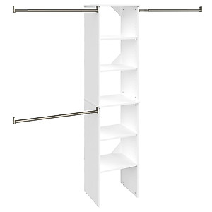 ClosetMaid SuiteSymphony Wood Closet Organizer Starter Kit with Tower and 3 Hang Rods, Shelves, Adjustable, Fits Spaces 4 – 9 ft. Wide, Pure White, 16"