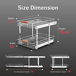 Mount Walker Individual Pull Out Cabinet Organizer(11" W x 21" D), 2 Tier Wire Basket Slide Out Shelf Storage with Wood Handle for Base Cabinet, Pull Out Shelf Drawers for Kitchen, Chrome