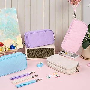 Sooez Large Pencil Case Pouch,Extra Big Pencil Bag with 8 Compartments,Pen Bag Wide Opening,Soft Quilted Pencil Pouch Organizer with Zipper,Portable Pencil Case for Teen Girls,Beige