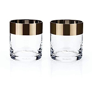 Viski Irving Bronze Rim Crystal Lowball Tumblers Set of 2 - Premium Crystal Clear Cocktail Glass Bronze Rimmed Glassware, Stylish Lowball Whiskey Glass Gift Set, 8 oz