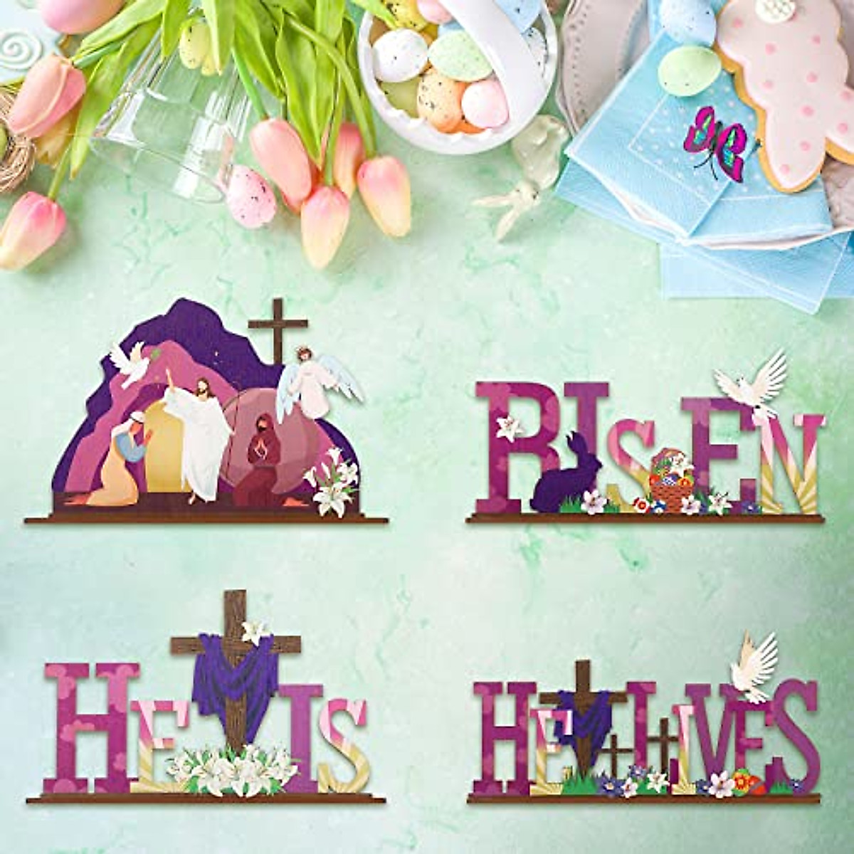 4 Pcs Easter Table Decorations He Is Risen Tabletop Decorations Easter Resurrection Scene Wooden Signs Jesus Cross He Lives Table Centerpiece for Easter Religious Party Holiday Decor