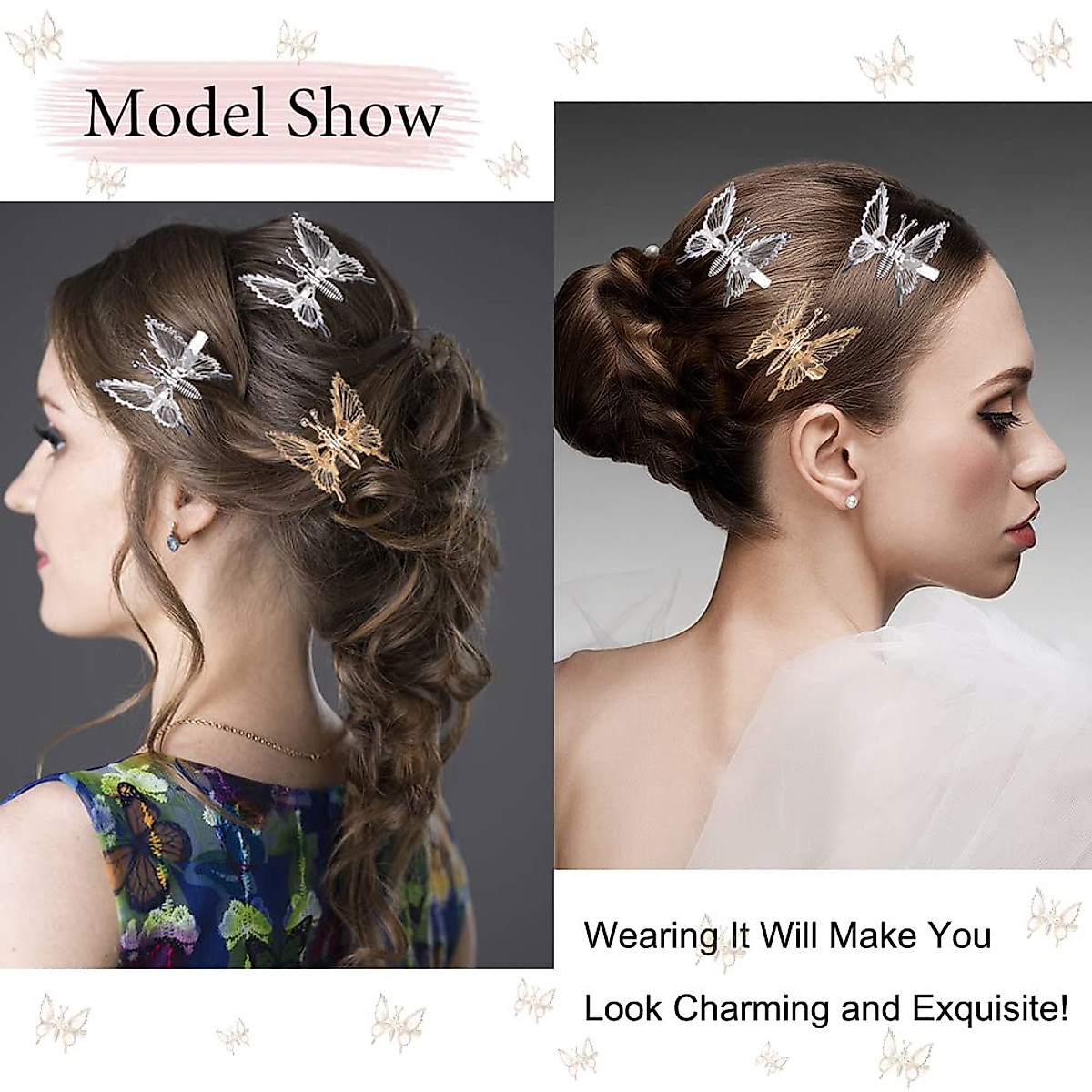 Kachanaa 3D Moving Butterfly Metal Hair Styling Accessories - 12 Pcs Hollow Hair Pins, Cute Barrettes, Clamps, and Claw Clips for Women and Girls (Gold)