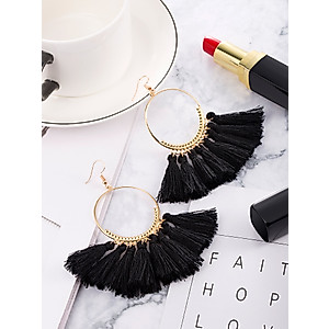 Hestya 2 Pairs Tassel Earrings for Women Girls Handmade 3 Tiered Tassel Dangle Earrings and Gold Hoop Earrings (Black)