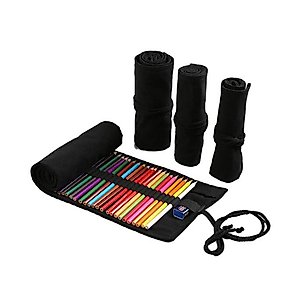 Flyusa FZBNSRKO Canvas Pencil Wrap,Colored Pencil Roll Up Wrap Travel Drawing Coloring Pencil Holder Organizers with 48 Slots for Student Artist Adult(Black)