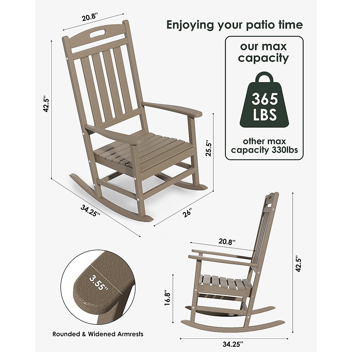 Adiromoti Outdoor Rocking Chair Set of 2, All-Weather Resistant Poly Lumber Rocker Chair Outdoor, High Back Plastic Patio Rocking Chairs for Outside Porch Rocker Garden Lawn, Weather Wood