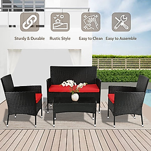 FDW Patio Furniture Set 4 Pieces Outdoor Furniture Wicker Patio Chair Rattan Patio Furniture Patio Conversation Set for Outdoor Indoor Use with Loveseats Coffee Table,Red Cushion