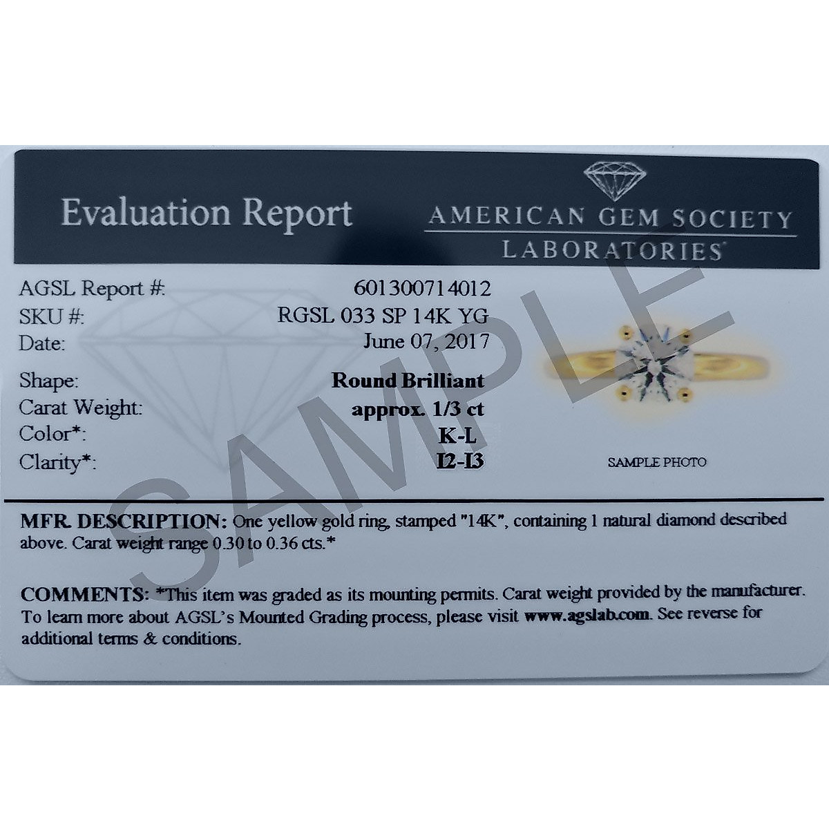 SZUL AGS Certfied 1/3 Carat Round Diamond Solitaire Ring in 14K Yellow Gold (K-L Color, I2-I3 Clarity)