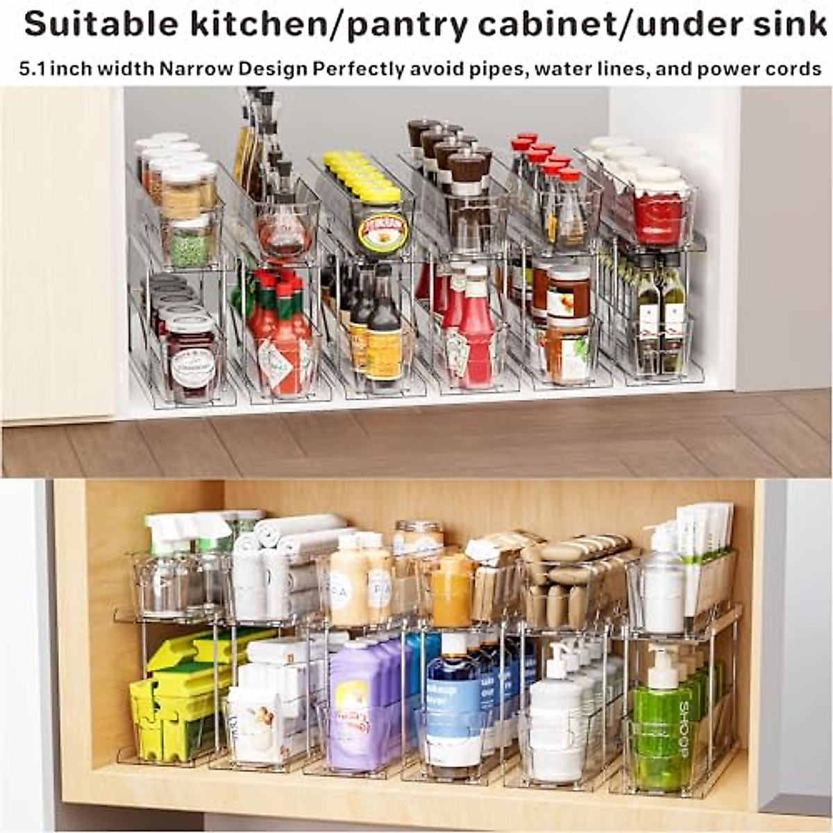 2 Set 2 Tier Bathroom Under Sink Organizers and Storage - 14.8"Deep x 5.1" Width - Suitable as Pantry Drawers Slide Out Shelves,Under Kitchen Sink Organizer,Narrow Pull Out Under Cabinet Organizer