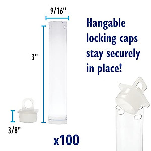 The Beadsmith Clear Plastic Tubes - 3-Inch-Long Round Tubes, 9/16 Inches in Diameter - Hanging Caps - Use for Beads, Bath Salts, Wedding & Party Favors, Home or Office Storage - Bag of 100