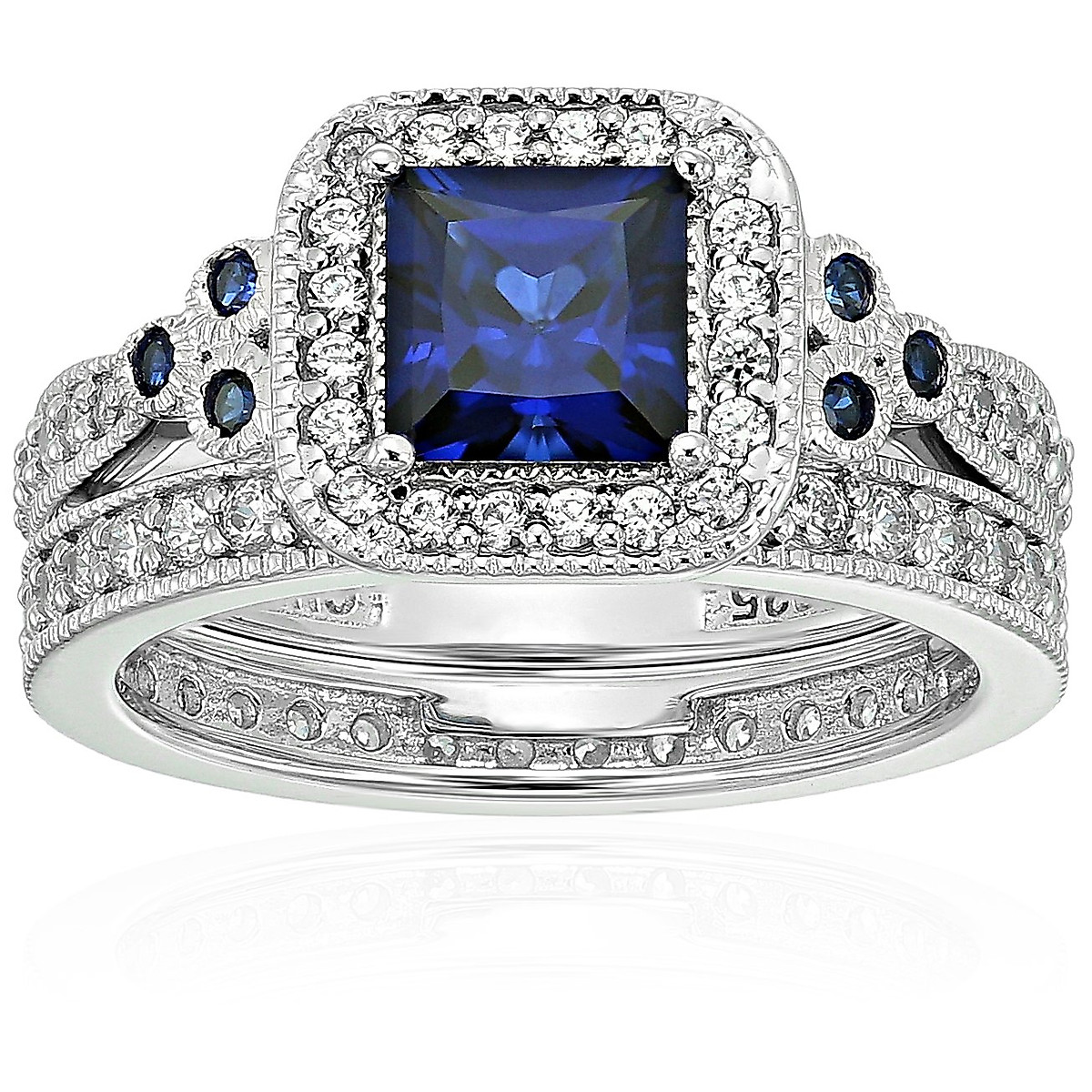 Amazon Collection Platinum-Plated Sterling Silver Princess-Cut Created Sapphire Vintage Ring Set made with Infinite Elements Cubic Zirconia, Size 8