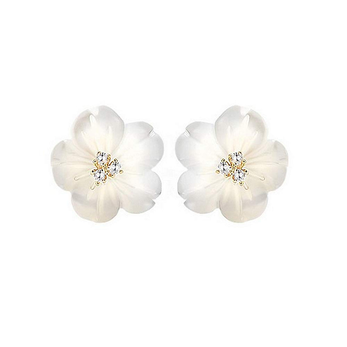 CZ Shell Pearl Flower Stud Earrings for Women Girls S925 Sterling Silver Hypoallergenic Crystal Cute Small Floral Statement Cartilage Tragus Post Pin Fashion Birthday Christmas Jewelry