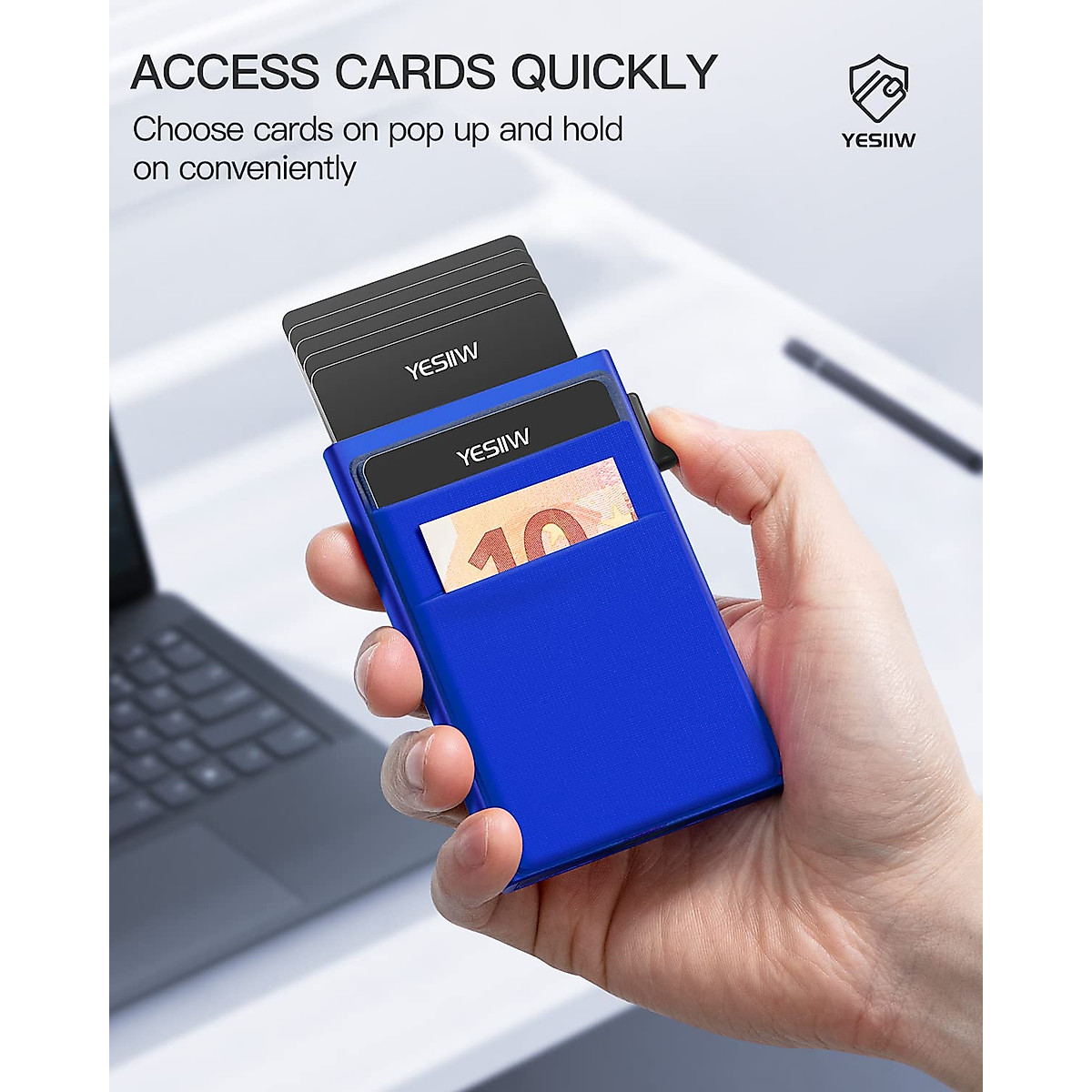 YESIIW Pop up Credit Card Holder RFID Blocking with Money Pocket Minimalist Business Card Wallet for Men Slim Aluminum Metal Bank Card Case for Cards and Notes and Coins Royal Blue