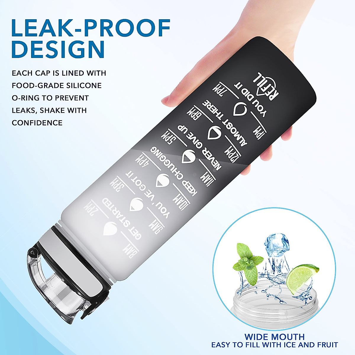Enerbone 32 oz Water Bottle, Leakproof BPA & Toxic Free, Motivational Water Bottle with Times to Drink and Straw, Fitness Sports Water Bottle with Strap for Office, Gym, Outdoor Sports, Gray-Black