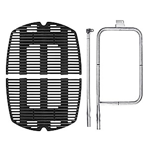 DELSbbq 7584 Cast Iron Grates and 65032 Grill Burner for Weber Q300 Q320 Q3000 Q3200 57060001 586002 Gas Grills, Replacement Parts for Weber 7646, 65032