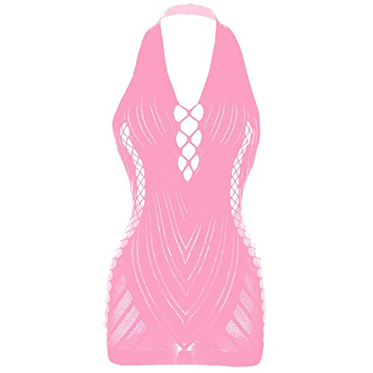 Vorifun Women Fishnet Lingerie See Through Sleepwear One Piece V-Neck Babydoll Mini Dress One Size (Pink)