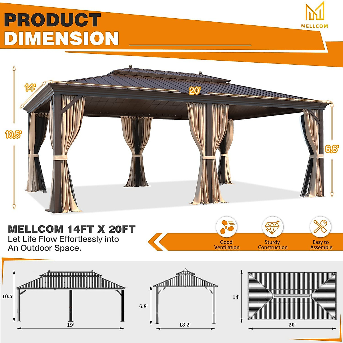 MELLCOM 14'x20' Galvanized Steel Hardtop Gazebo, Aluminum Frame Metal Outdoor Gazebo with Double Roof and Netting and Curtains for Patio Lawn Garden Brown