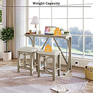 FRITHJILL 3-Piece Farmhouse Wood Counter Height Pub Dining Set, Included a Table with USB Ports and 2 Upholstered Stools