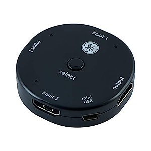 GE 3 Device HDMI Switch, Use with 4K Smart TV Roku Xbox PS3 PS4 Fire Stick DVD Blue Ray Fire TV HDTV Cable Box PC, 4K 1080p 60 FPS, Ultra HD, HDCP 2.2, Black, 33624