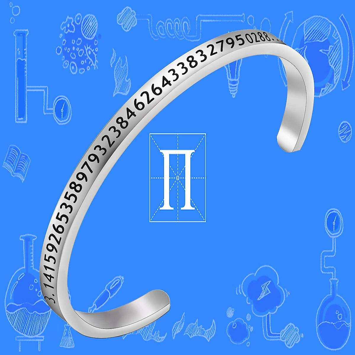 Pi Bracelet 3.14 Math Geek Jewelry Pi Symbol Science Math Teacher Gift(silver pi cuff)
