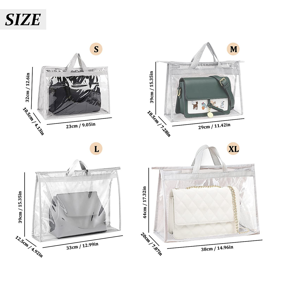 FuninCrea 4 Pack Handbag Storage Clear Handbag Dust Bags with Zipper and Handle Dustproof Moistureproof Handbag Storage Organizer, Purse Storage Organizer for Closet (Grey)