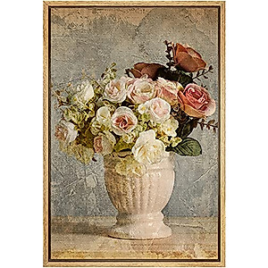 SIGNFORD Canvas Print Wall Art Vintage Pink & White Roses in Vase Floral Plants Photography Modern Art Rustic Colorful Multicolor Warm for Living Room, Bedroom, Office - 16"x24" Natural
