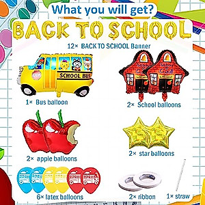 Stcomart Back To School Balloons, School Bus Apple Star Foil Mylar Balloons for First Day of School Decoration Kindergarten, Gold