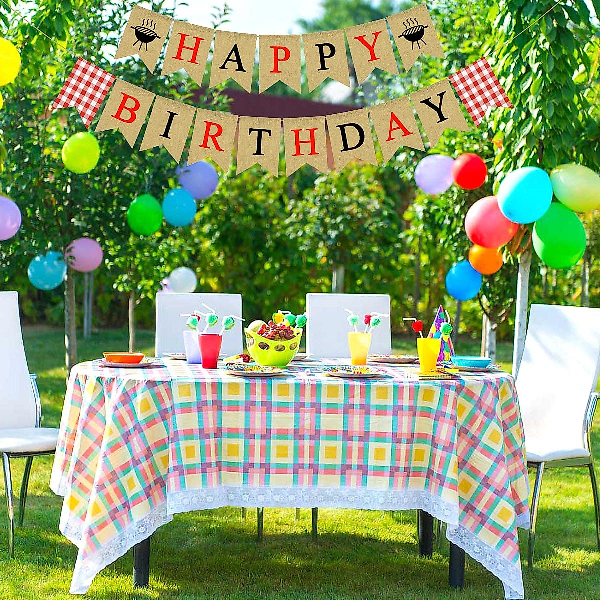 Pudodo Jute Burlap Happy Birthday Banner with Grill BBQ Theme Barbecue Party Decoration