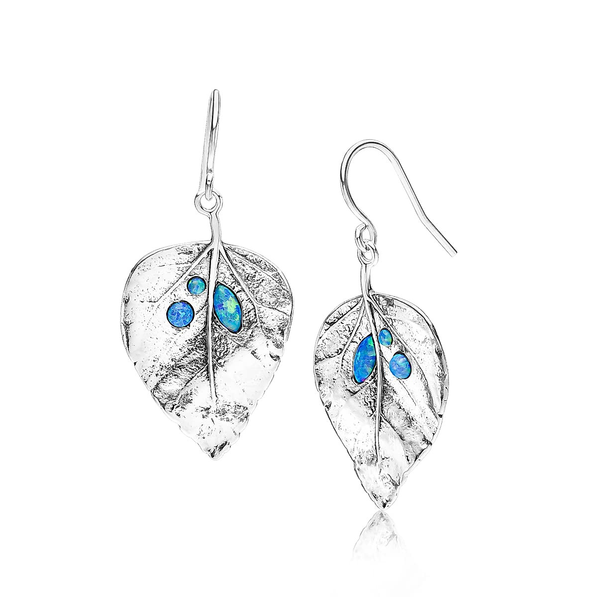 925 Sterling Silver Earrings Leaf Shaped With Multiple Bold Opal, Oxidized, Stylish, Hypoallergenic, Nickel and Lead-free, Artisan Handcrafted Designer, French Wire Earring Back, Jewelry Gift For Her