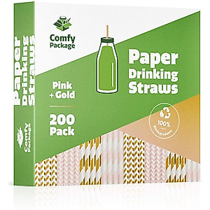 Comfy Package, [200 Pack] Pink & Gold Paper Drinking Straws 100% Biodegradable Multi-Pattern Party Straws For Birthday, Wedding, Bridal, Baby Shower, And Holiday Decoration