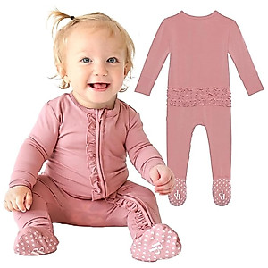 Posh Peanut Footie Pajamas for Baby Girls – Sleepers in Ultra-Soft Viscose from Bamboo with 2-Way Zipper & Ruffle Trim – Newborn to Toddler Sleepwear (Dusty Rose, 6-9 Months)
