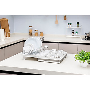 Alta by Auggie Chino Expandable Dish Drying Rack with Drainage Spout, Stainless Steel, Movable Utensil Drainer, (White)