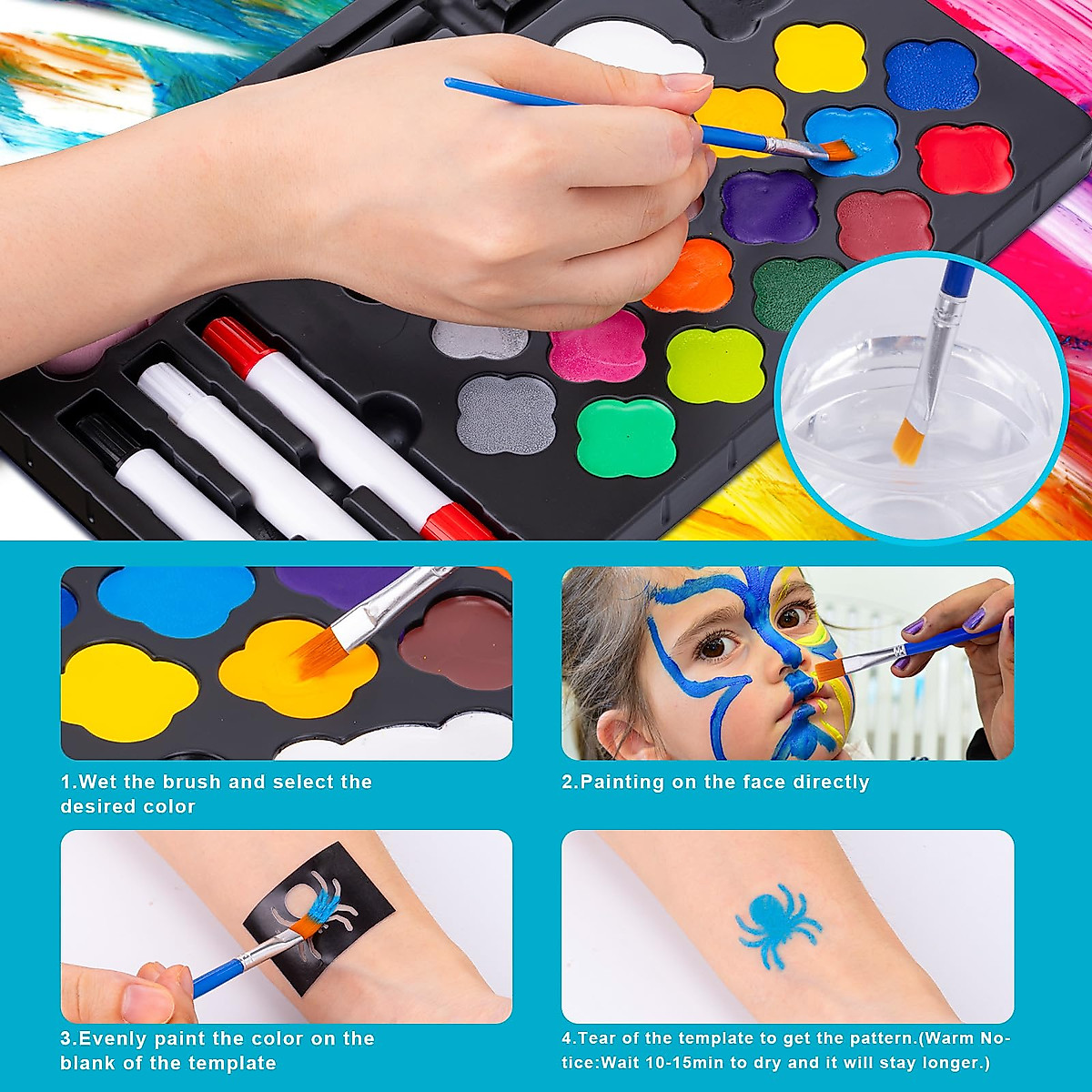 Face Painting Kit for Kids,18 Colors Face Paint Kit with Stencils Professional,Water Based Non Toxic Facepaint Makeup Kit with Gem Sticker Brushes Crayons for School Carnival,Halloween,Christmas Party