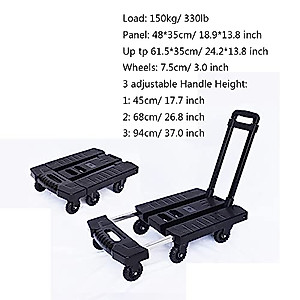 Generic Platform Hand Truck Folding Hand Truck 6 Wheels Small Trolley Cart with Stretchable Handle for Home Office Travel Luggage Moving 330lbs Weight Capacity Push Dolly for Loading (Black 3inch)