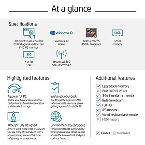HP 24-inch All-in-One Touchscreen Desktop Computer, AMD Ryzen 5 4500U Processor, 12 GB RAM, 512 GB SSD, Windows 10 Home (24-dp0160, Silver)