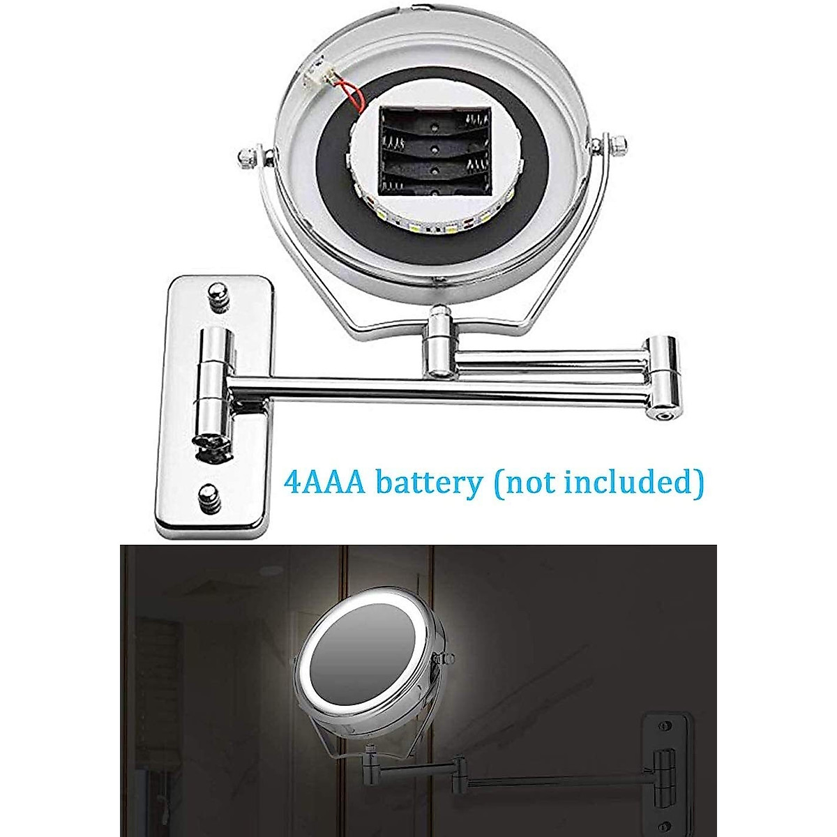 7X Magnifying Lighted Makeup Mirror Wall Mounted Swivel Mirror 6-inch Extending Folding Double Side Cosmetic Bathroom Shaving Mirror Matte Round Chrome Finished Powered by Batteries Vanity Mirror