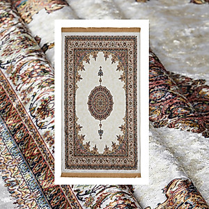Muslim Prayer Rug | 25'' x 45'' Turkish Velvet Islamic Praying Mat for Men, Women, Kids | Patterned Janamaz Carpet Ramadan Sajadah Islam Namaz Rugs (Ecru III)