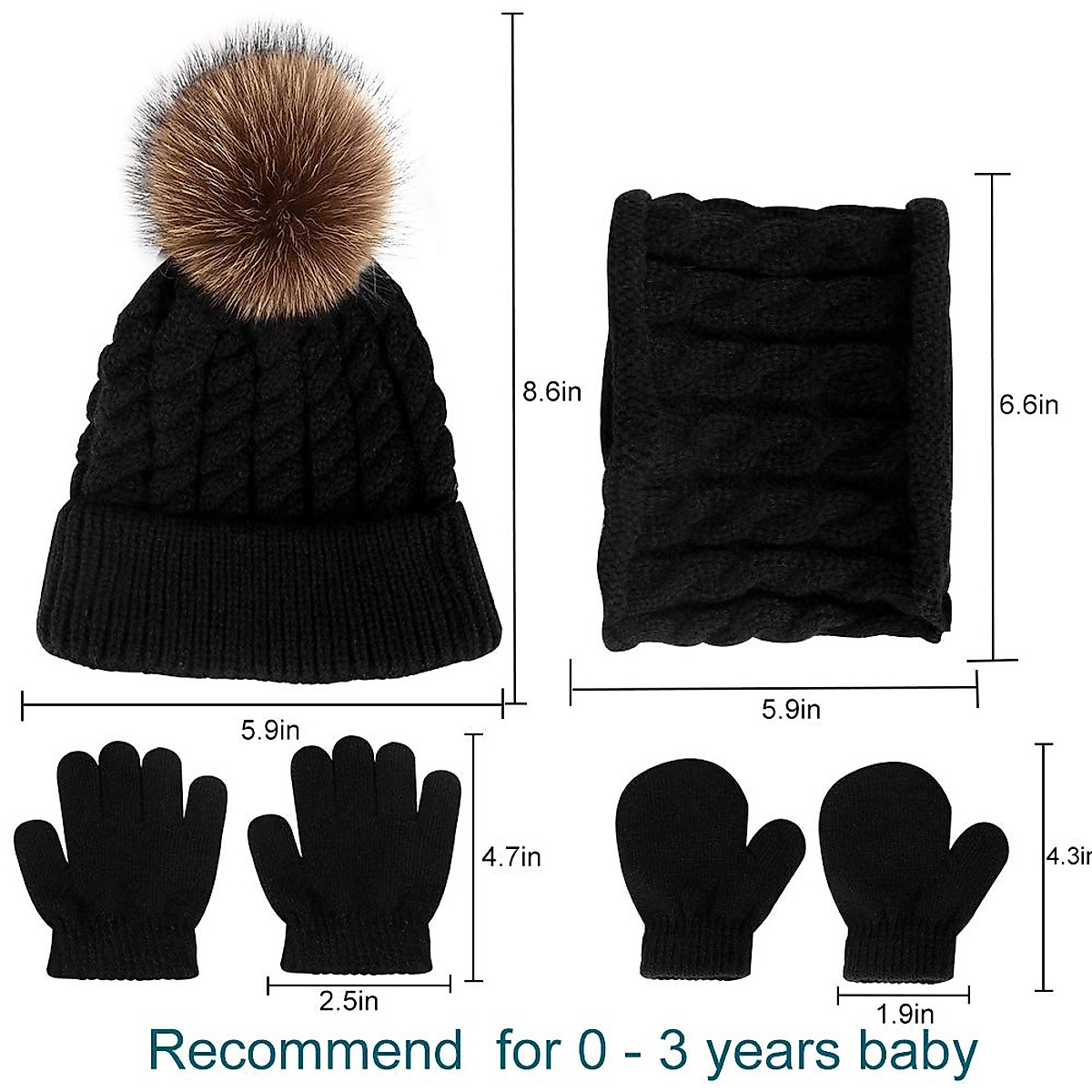 Hicdaw 6PCS Toddler Baby Winter Hat Scarf Kids Warm Knitted Hat for Beanie Scarf Gloves Set Gift for Kid Black