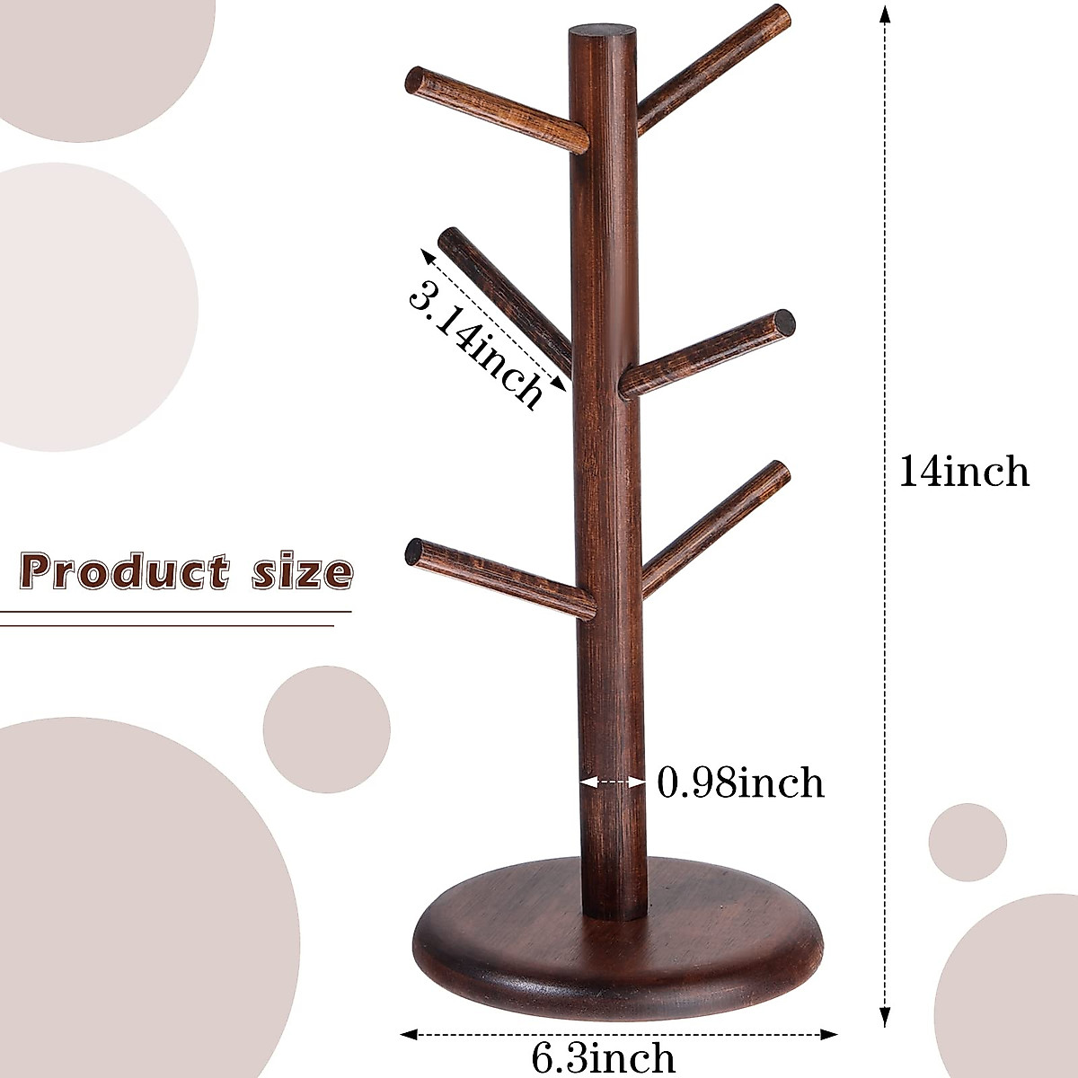 Patelai Coffee Mug Tree with 6 Hooks Wood Mug Holder Tree Mug Stand Hanger Kitchen Coffee Mug Tree Countertop Tea Cups Holder Stand 14 Inch Removable Mug Stands(Brown)