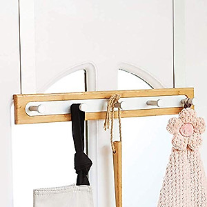 Over The Door 5 Hooks Hanger Bamboo Wooden Stainless Steel Towel Coat Bag Bath Hanging Rack (Silver)