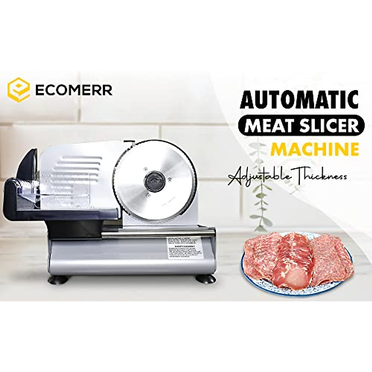 Ecomerr Electric Meat Slicer for Home Use - Automatic Deli Slicer Machine for Cheese, Bread, Vegetables - Round Stainless-Steel Blade, Adjustable Cutting Thickness - Kitchen Food Preparation Equipment