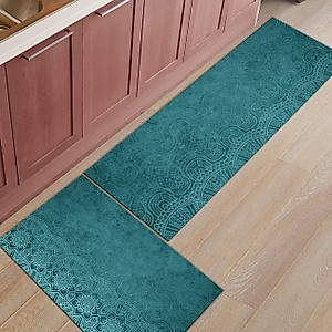 Z&L Home Kitchen Rugs and Mats Non Skid Set of 2 Piece Rubber Backing Floor Carpet Accent Area Runner Thin Low Pile Indoor Doormat Aqua Teal Indian Mandala Ethnic Floral Turquoise