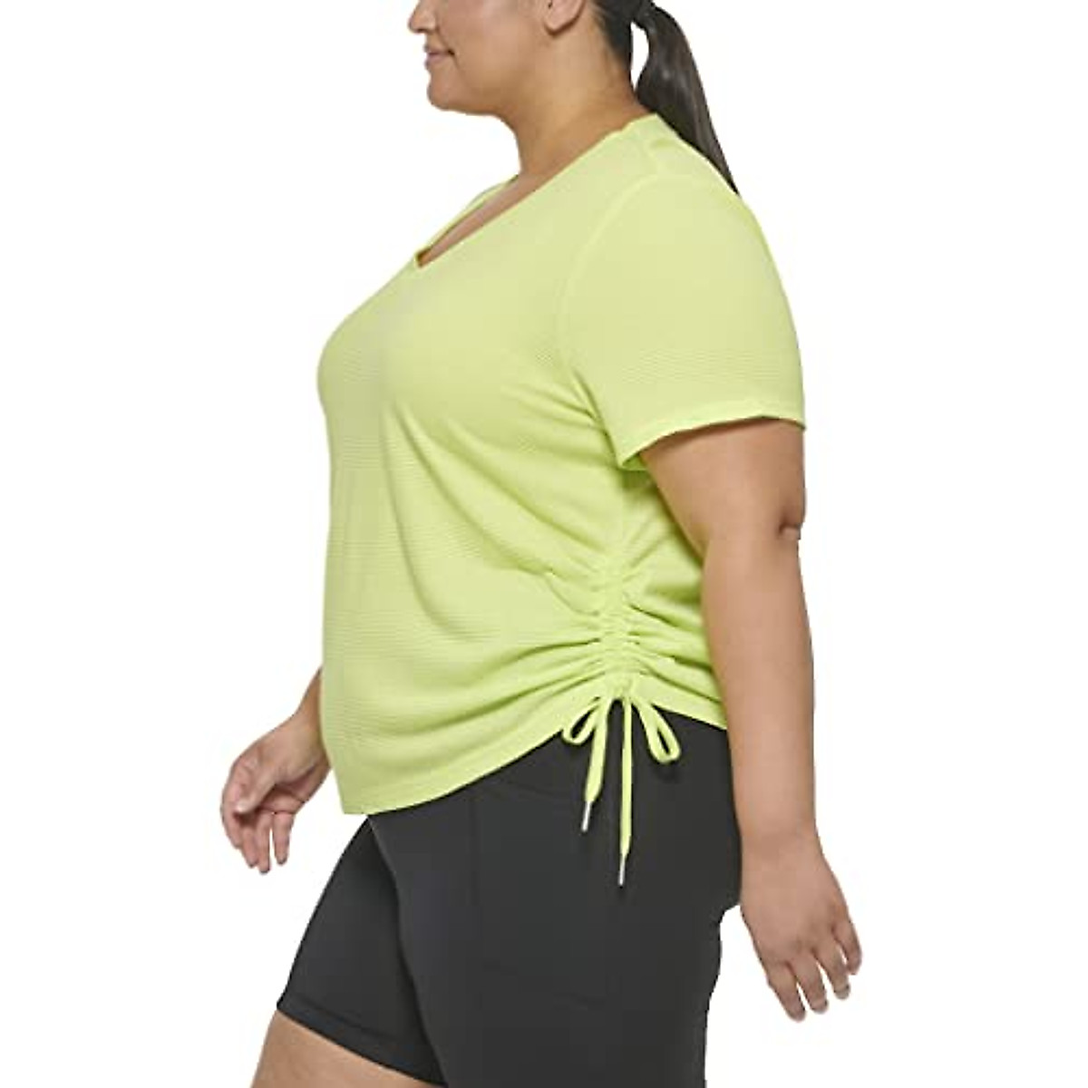 Calvin Klein Performance Women Plus Size Active Textured Pique Mesh Adjustable Side Ruching Top, Lime Fizz, 2X