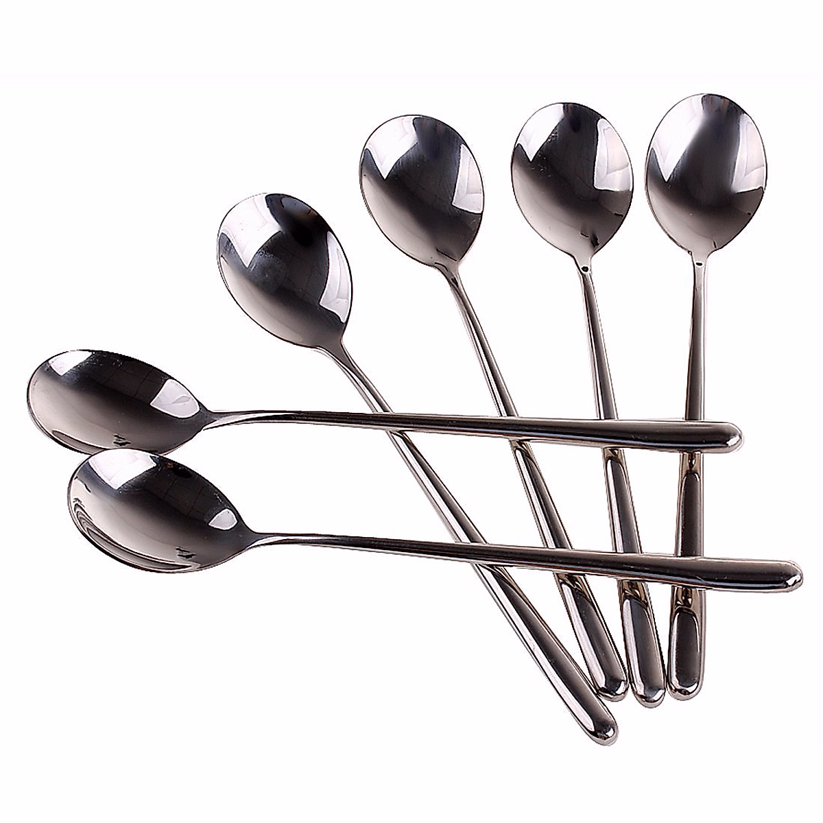 Korean Stainless Steel Rice Soup Iced Tea Spoon Coffee Spoon Cold Drink Spoon Fruit Juice Long Ice Scoop Long handle Great Circle 6Pcs